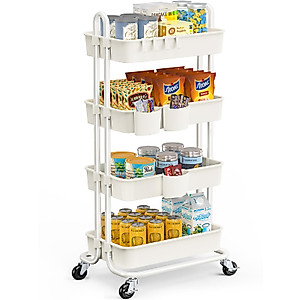 Pipishell 4-Tier Rolling Cart, Utility Cart with Lockable Casters, PP Plastic Storage Baskets, Hanging Cups & Hooks, Rolling Cart for Living Room, Bedroom, Kitchen, Bathroom, Art Studio(White)