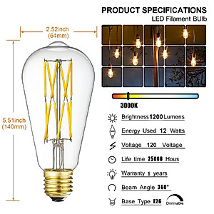 LVYE LED Edison Bulb Dimmable 12W 3000K Soft White 1200LM, 100W Equivalent E26 Medium Base, ST64 Vintage LED Bulbs, 360 Degree Beam Angle, Clear Glass, Pack of 4.