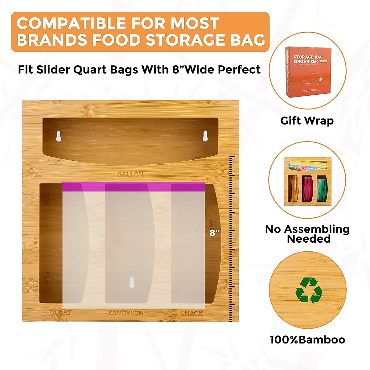 LINNY&SUN Ziplock Bag Storage Organizer for Kitchen Drawer,Bamboo Drawer Organizer for Gallon, Quart, Sandwich, Snack, Slider Bags, Compatible with Ziploc, Glad, Hefty（Drawer Organizer ）