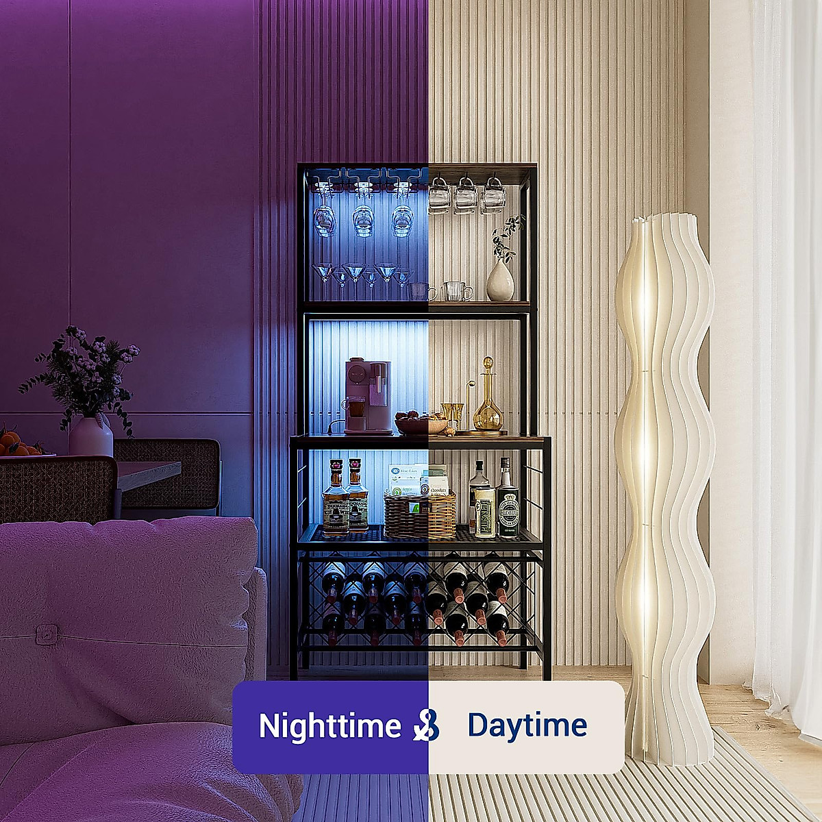 GEBAROW Wine Rack Freestanding, Metal Wine Rack, Industrial Wine Bakers Rack with LED and Sockets, Bar Cabinet with Glass Bottle Holder for Home Kitchen Dining Room, Rustic Brown