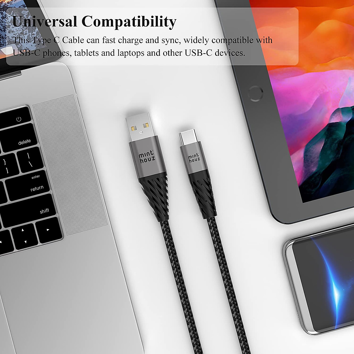 Minthouz USB C Cable Fast Charging Type C Cable 3A USB to USB C Cable Compatible with Samsung Galaxy S10 S9 S8 Plus Note 9 8, Huawei, Moto Z Z2, LG V30 V20, Nylon-Braided-Grey [1-Pack 6ft]