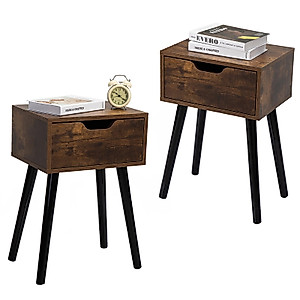 Tidyard Set of 2 Mid Century Wood Side Table, End Table with 1 Storage Drawer, Nightstand for Bedroom Living Room, Rustic Brown and Black