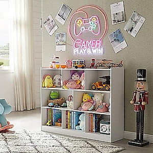 3-Tier Bookshelf, 8-Section Wooden Bookcase, Storage Organizer with Anti-Tilt Device, Modern Storage Display Cabinet for Living Room, Classroom, Kid’s Room (White)