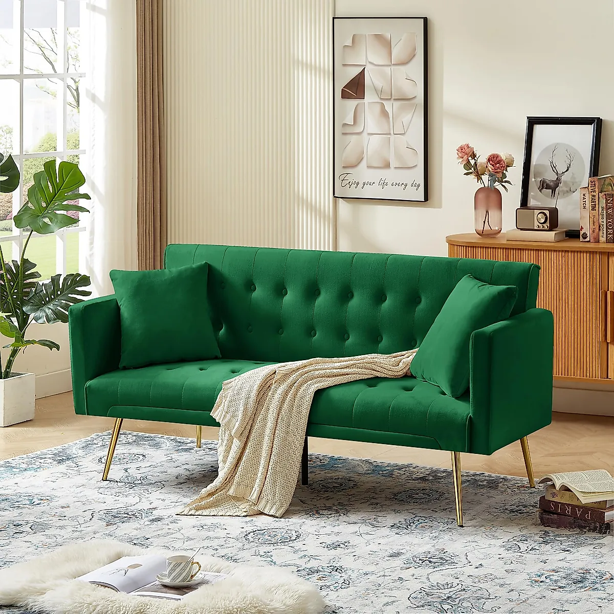 72"Modern Velvet Sofa Bed Futon,Convertible Folding Sleeper Bed Couches with 3 Adjustable Backrests,Tufted Recliner Love Seat with Golden Chrome Legs for Living Room Apartment Home Office (Green)