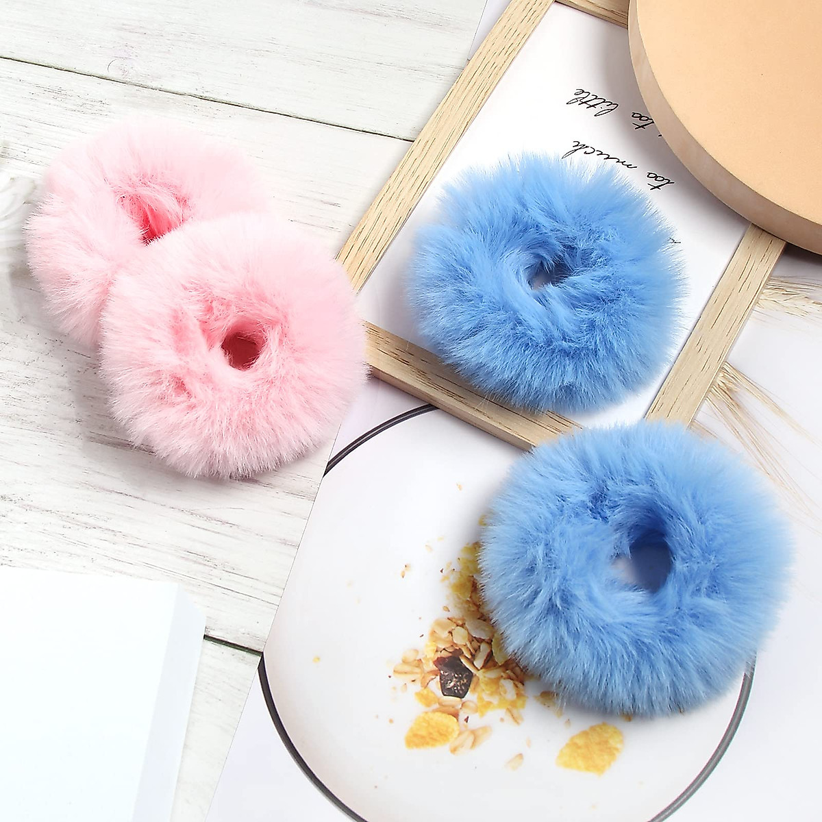 Furling Pompoms Furry Faux Rabbit Fur Hair Scrunchies Artificial Fur Hair Bobbles Elastic Hair Band Rope Wristband Ponytail Accessories Light Pink 2pcs