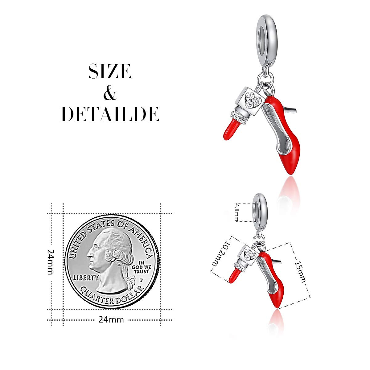 FOREVER QUEEN Red High Heels & Lipstick Charm fit Charms Bracelet 925 Sterling Silver Dangle Charm with Gift Box