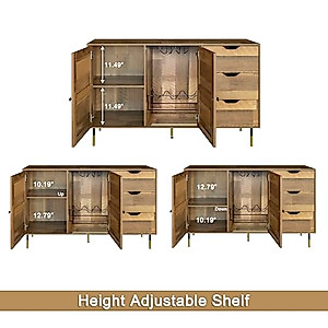 GIA Home Furniture Series Boho Rattan Sideboard with 2 Door &3 Drawers,Buffet Storage Cabinets with Adjustable Shelving and Wine Rack for Living & Dining Room,Black Metal Frame, Oak Finish