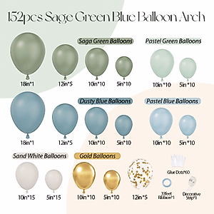 152Pcs Dusty Blue Sage Green Balloons Garland Arch kit, Sage Green Dusty Blue Pastel Green Sand White and Gold Balloons for Boho Bridal Shower Wedding Woodland Birthday Baby Shower Decorations