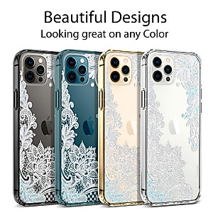 Coolwee Clear Glitter Compatible with iPhone 12 Pro Max Case Thin Flower Cute Crystal Lace Bling Women Girls Floral Plastic Hard Back Soft TPU Bumper Protective Cover Slim Fit Mandala Henna