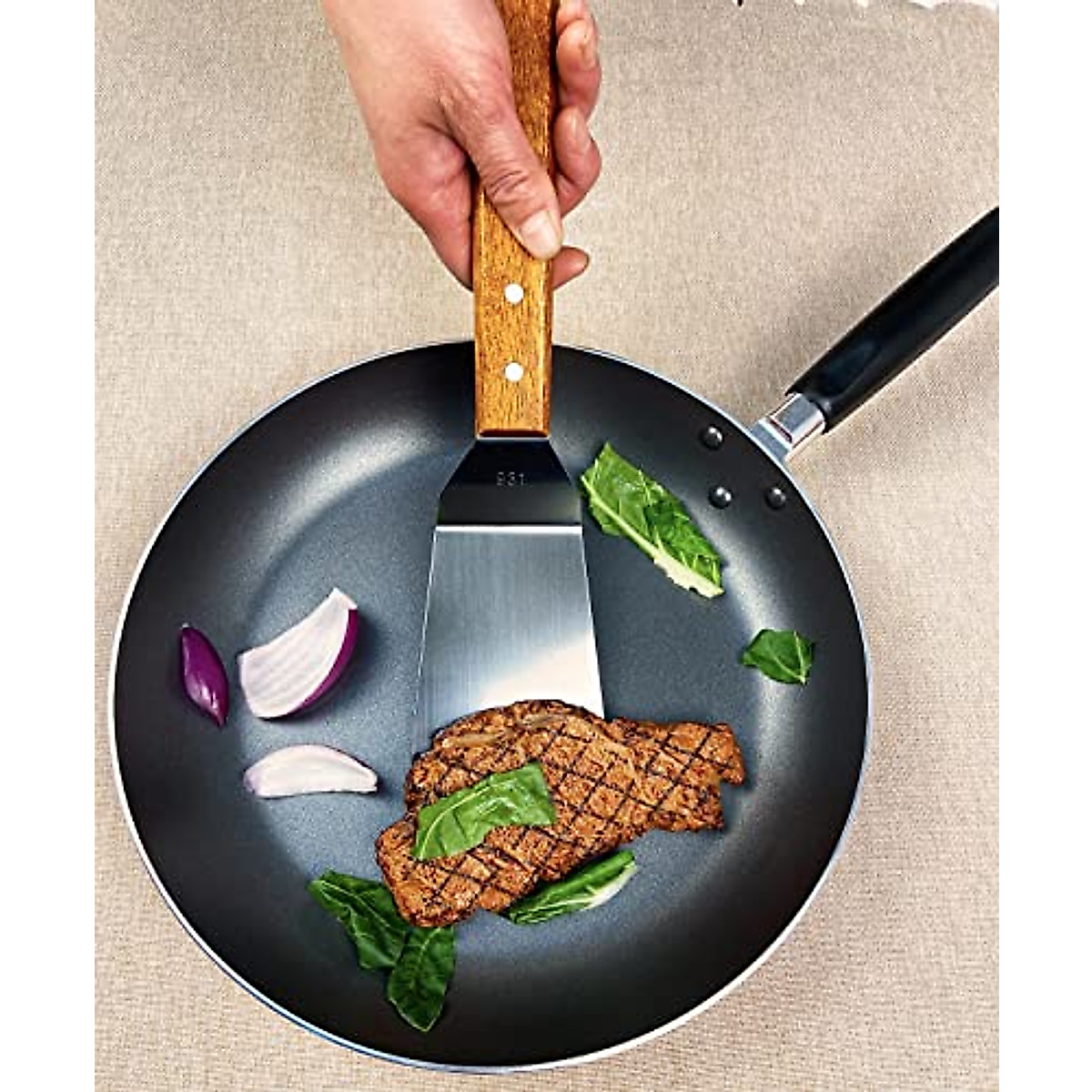 KLAQQED 2Pcs Metal Spatulas Set, Metal Spatula for Cast Iron Skillet, Cooking Utensils Fish Egg Grill Spatula Stainless Steel Slotted Spatula, Wok Flat Top Small Metal Spatula Turner with Wood Handle