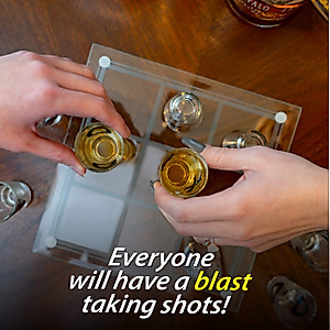 Maxam Shot Glass Tic Tac Toe Set - 9 Alcohol Shooters with X and O Marks, Clear Glass Playing Board
