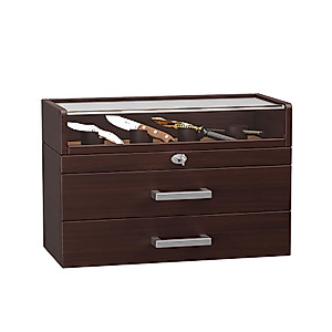 3 Tier Pocket Knife Display Case with 2 Drawers,Wooden Lockable Pocket Knife Holder Box, Large Capacity Knife Organizer Case for Knives,Watches,Wallets Storage and Colletcion
