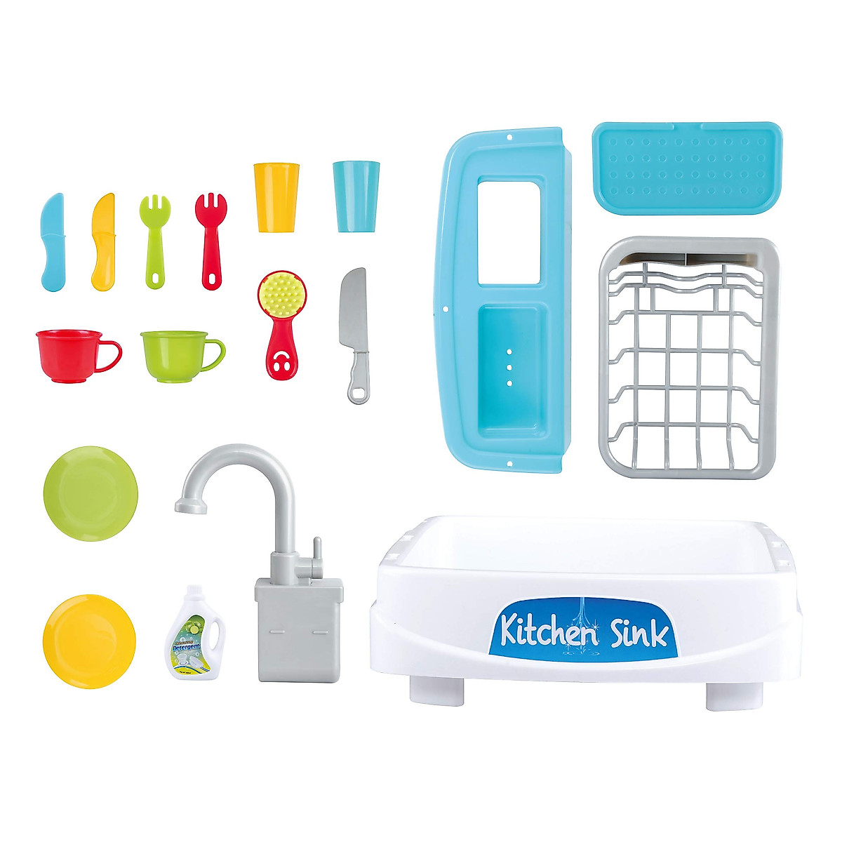 Play My Little Kitchen Sink Toys - Toddler Kitchen Role Dishwasher Toys with Running Water Cycle System - Utensils Tableware Accessories for Kids - 18 Piece Pretend Toy for Boys & Girls