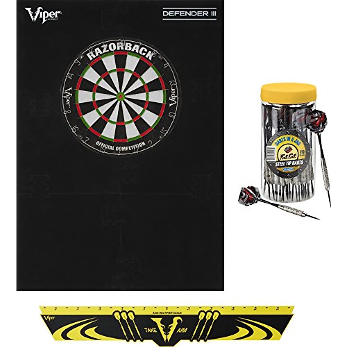 Viper Defender III Backboard & Sisal/Bristle Steel Tip Dartboard Bundle: Elite Set (Razorback Dartboard,Defender III Backboard, Edge Throw Line, 21pc Jar of Darts),black/yellow