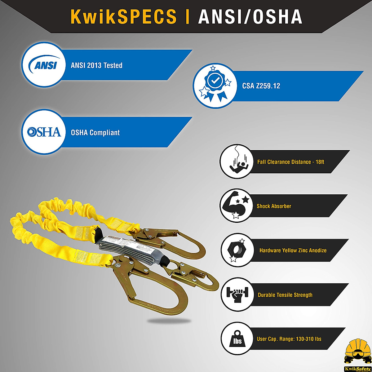 KwikSafety - Charlotte, NC - PYTHON [External Shock Absorber] Double Leg 6ft Safety Lanyard OSHA ANSI Fall Protection Restraint Equipment Snap Rebar Connectors Construction Arborist Roofing