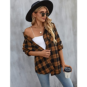 Blooming Jelly Women's Flannel Shirts Plaid Shacket Button Down Collared Business Casual Blouse 2023 Fall Roll Up Long Sleeve Tops (Yellow,Small)