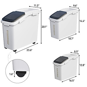 YITAHOME 90L/190lb Large Ingredient Flour Storage Bins, Commercial 20.6 Gal(11.4+5.8+3.4 Gal) Rice Storage Containers, 500 Cups Food Storage Bin with Wheels, Scoop and Lid, for Kitchen, White