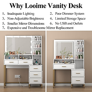 Loomie Vanity Desk with Lighted Mirror & Power Outlet, Makeup Table with 5 Drawers, Two Cubby & Shelf, Vanity Dresser with 11 Lights in 3 Lighting Colors for Bathroom, Bedroom,Makeup Room,White