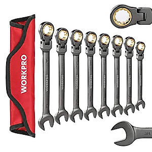 WORKPRO 8-piece Flex-Head Ratcheting Combination Wrench Set, SAE 5/16-3/4 in, 72-Teeth, Cr-V Constructed, Nickel Plating with Organizer Bag