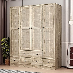 DiDuGo Armoires and Wardrobes 4 Door Wardrobe with Shelves and Drawers, Rattan Door Design, Armoire Wardrobe Closet with 2 Clothing Rods, Oak (59”W x 19”D x 70.4”H)
