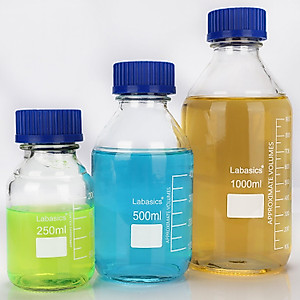 Labasics Round Media Storage Bottles with GL45 Blue Screw Cap, Glass Clear Wide Mouth Graduated Round Reagent Media Storage Lab Glass Bottle, 1000 ml