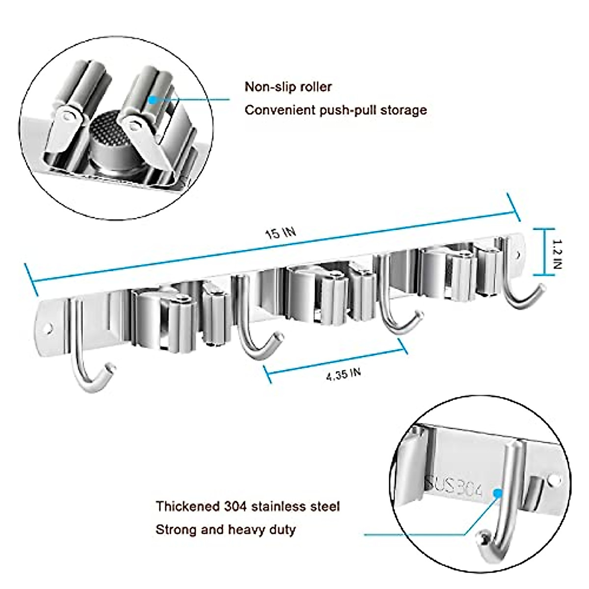 Nlmyt Mop and Broom Holder Wall Mount, Broom Organizer Wall Mount, Stainless Steel Mop Holder Storage, Broom Hook, Heavy Duty Broom Rack for Home, Garage, Garden, Laundry Room (3 Racks 4 Hooks)