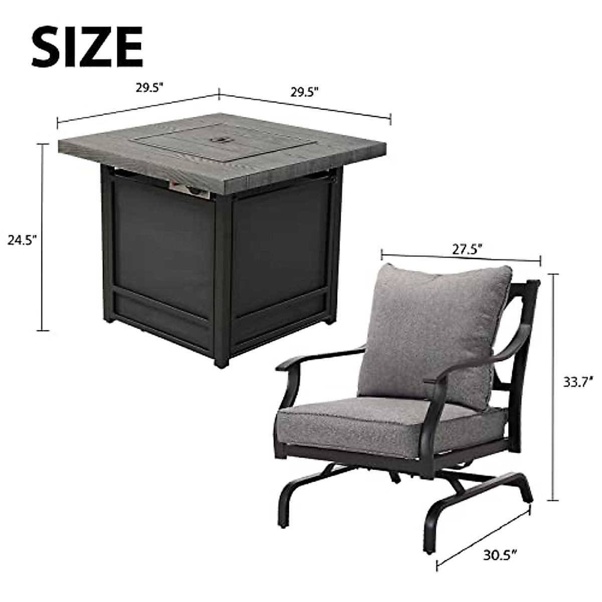 Grand patio 5PCS Patio Furniture Set with 29 in Fire Pit Iron Coated Outdoor Chairs with Gray Cushions Propane Gas Fire Table