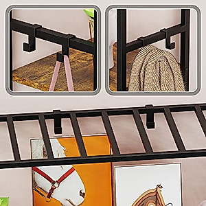 Iaocpio Double Wide 6 Tier Bookshelf, Bookshelves and Bookcases with 6 Hooks. Industrial Bookshelf for Living Room, Bedroom, and Home Office Brown.