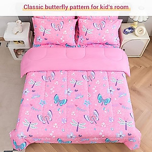 Viviland Full Butterfly Comforter Set for Girls, Kids Pink Brushed Microfiber Full Bedding Set, 7 Pieces Floral Bed in A Bag, Girls Comforters with Sheet Set, Shams, Machine Washable
