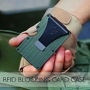 DONWORD Minimalist Wallet for Men RFID Blocking Aluminum Wallet Carbon Fiber Card Case Metal Wallet Minimalist Front Pocket Card Holder Cash Strap Mens Wallet (Army Green)