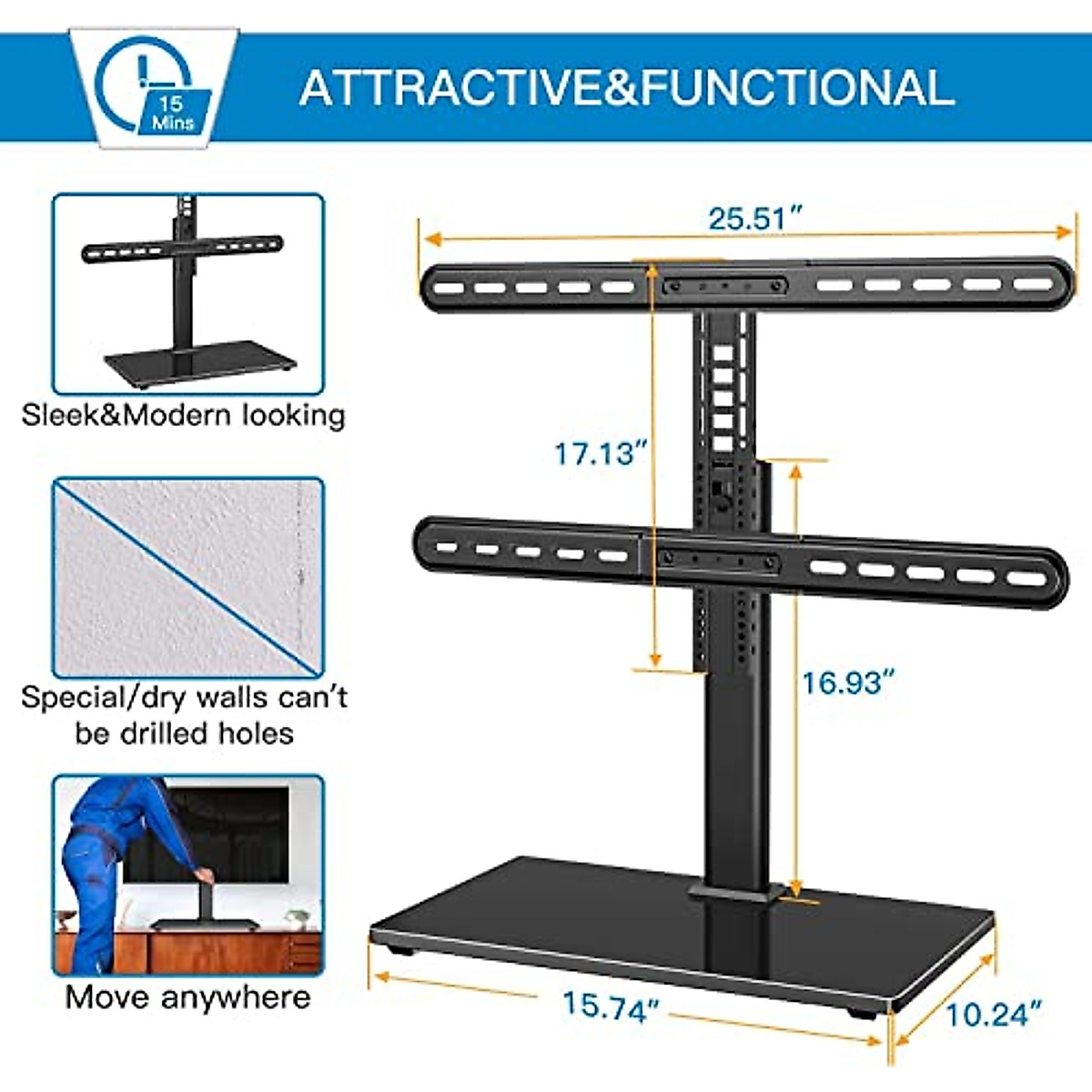 PERLESMITH Universal Swivel TV Stand-Table Top TV Stand Base for 37-70 inch LCD OLED Flat Screen 4K TVs Height Adjustable TV Stand Mount with Heavy Duty Tempered Glass Base VESA 600x400mm
