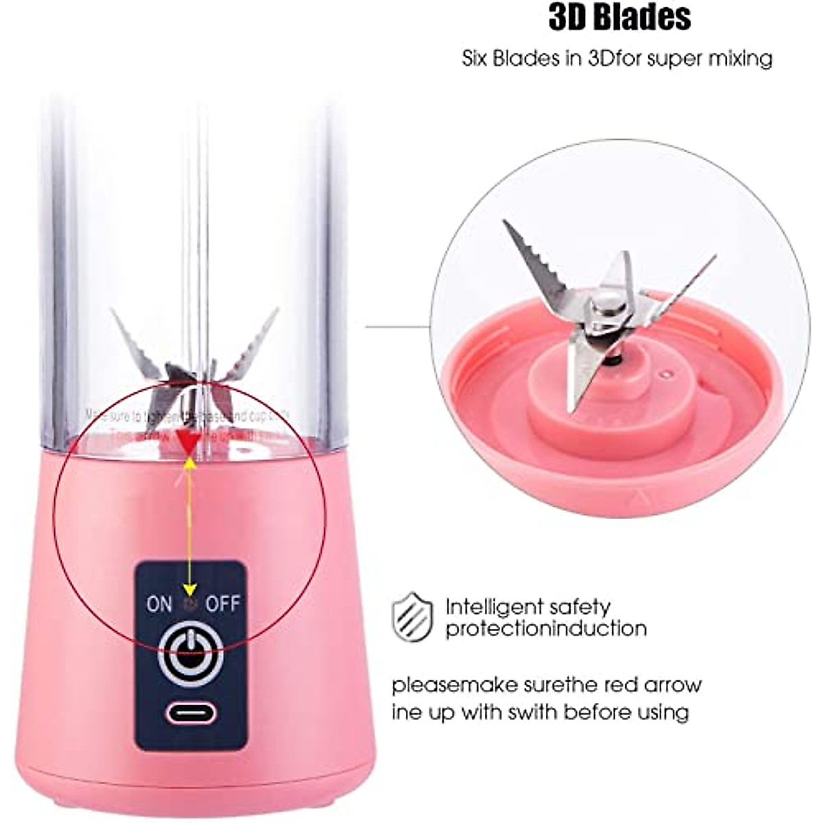 Tianmingwei Portable Blender USB Personal Juicer Cup 6 Blades Rechargeable Fruit Mixing Machine For Baby Travel 380ml[New Version] (Pink)