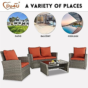 Do4U 4 Pieces Patio Furniture Sets Outdoor Sectional Wicker Set Outdoor Conversation Set Patio Set Patio Loveseats with Coffee Table Porch, Poolside, Terrace, and Yard (Grey-Orange)