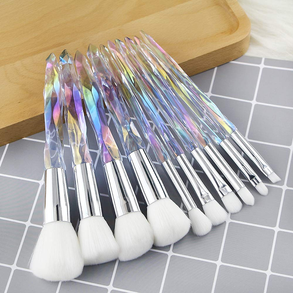 Makeup Brush Set 10 Piece Essential Make-up Brushes Kit for Powder Liquid Cream Cosmetics Blending Blush Concealer Brushes Transparent Plastic Handle (White)