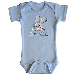 Funny Girl Designs Embroidered EASTER Bunny Bodysuit for Baby BOYS - Your Custom Name (0-3 Months, Long Sleeve, Light Blue)