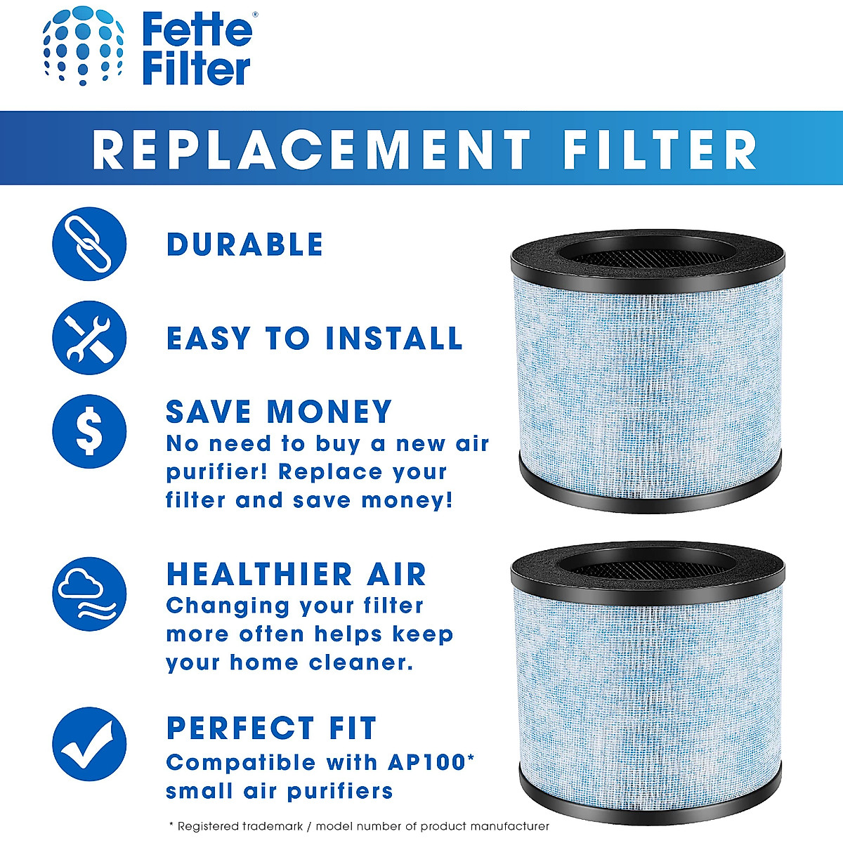 Fette Filter - F100 H13 Premium True HEPA Replacement Filter, Compatible with Instant AP100 Air Purifier, 3-in-1 H13 Grade True HEPA Filter, Part # F100, 2-Pack