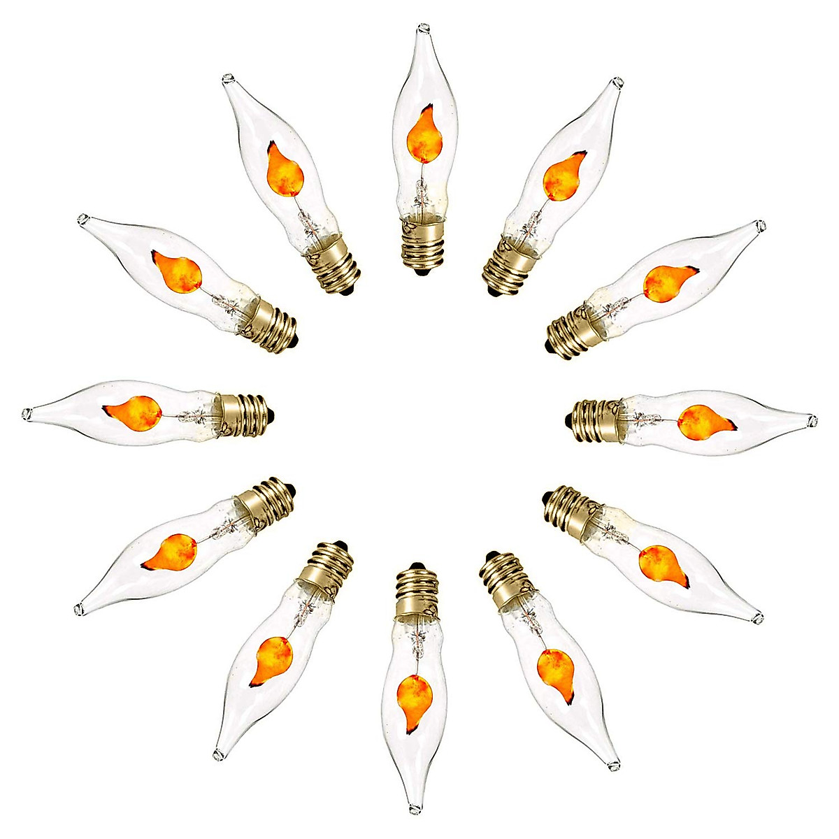 MaoTopCom 12 Pack Flicker Flame Light Bulbs, Crystal Clear, E12 Candelabra Base Replacement Bulbs for Electric Window Candles, Indoor/Outdoor String Lights, 3 Watt, 110 Volts