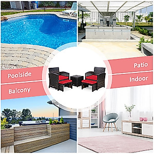 Tangkula 5 Pieces Patio Rattan Furniture Set, Outdoor Conversation Set with Cushioned Chair & Ottoman & Tempered Glass Coffee Table, All Weather Patio Sofa Sets for Garden, Backyard, Poolside (Red)