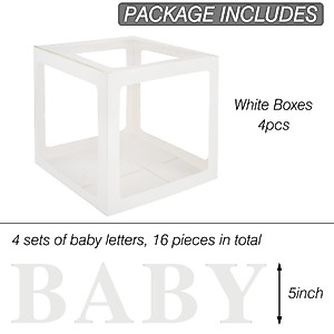 RUBFAC Baby Boxes with 4 Sets of Letters for Baby Shower, Clear Baby Shower Block Boxes with 16 Letters for Gender Reveal Decorations Birthday Party (4pcs White)