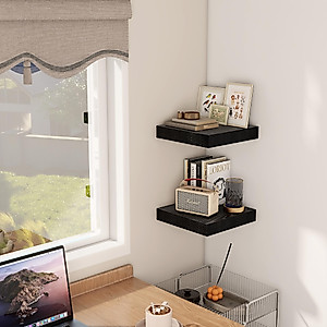 Black Floating Shelves 24 inches Long Set of 3, Bathroom Wall Shelves Over Toilet for Towels, Modern Wood Mounted Storage Shelf for Bedroom Living Laundry Room Kitchen Office Closet