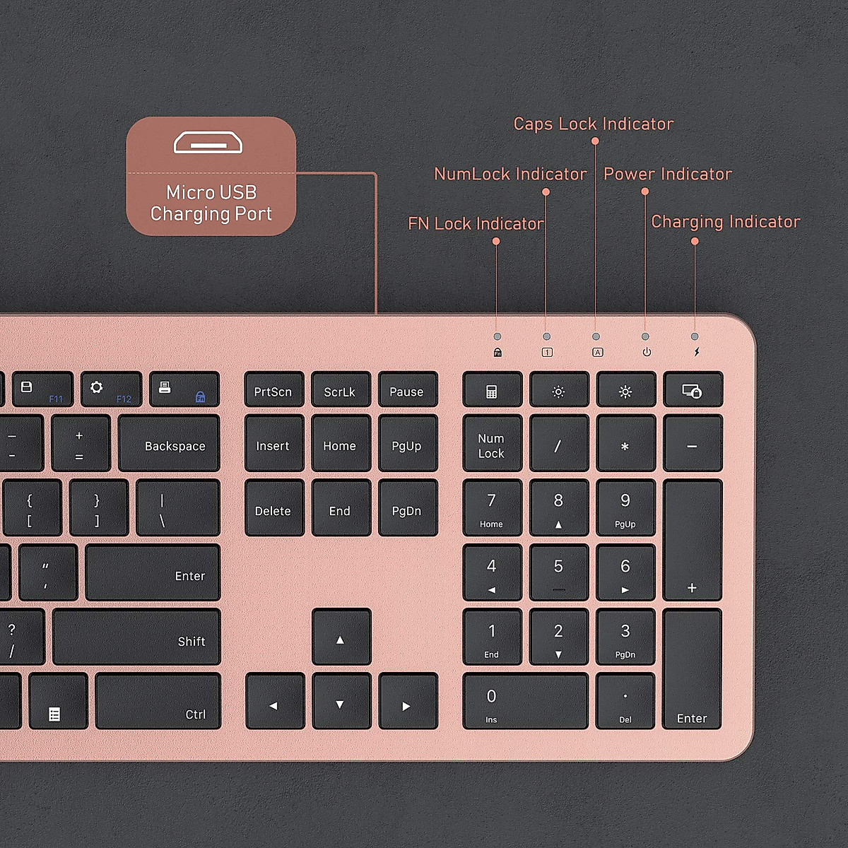 seenda Rechargeable Wireless Keyboard Mouse Combo Full Size Cordless Keyboard & Mouse Sets with Build-in Lithium Battery Ultra Thin Quiet Keyboard Mice (Rose Gold & Black)