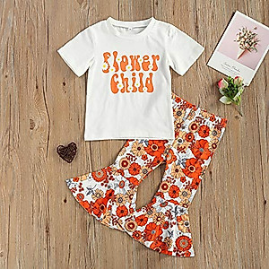 Little Toddler Baby Girl Letter Short Sleeve T-Shirt Tops Floral Flared Bell-Bottom Pants Leggings Kids Summer Outfits Set (White, 4-5 Years)