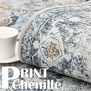 jinchan Area Rug 5x7 Indoor Vintage Rug Floor Cover Print Distressed Carpet Multi Thin Rug Chenille Blue Foldable Accent Rug Lightweight Non Slip Kitchen Living Room Bedroom Dining Room