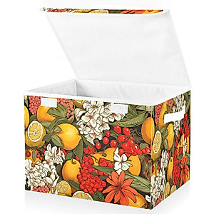 senya Baskets Collapsible Storage Bins with Lids, Retro Lemon White Flower Storage Boxes Clothes Baskets for Organizing, B06D22020