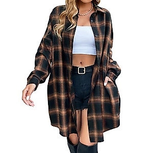 Blooming Jelly Women's Button Down Flannel Shirts Plaid Shacket Long Sleeve Collared Long Jacket Coats（XLarge,Brown Plaid）