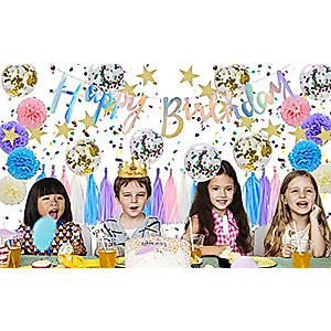 Monkey Home 39pcs Birthday Decorations Blue Purple Pink White Tissue Paper Tassel Star Garland Tissue Paper Pom Poms Confetti Balloon for Birthday,Wedding,Festival,Party Decoration