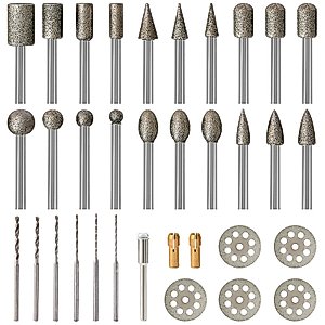 Stone Carving Set Diamond Burr Bits Compatible with Dremel, 1/8” Shank Power Rotary Tool Accessories Kit, Includes Diamond Burr Bits, Cutting Discs and Drill Bits- 34PCS