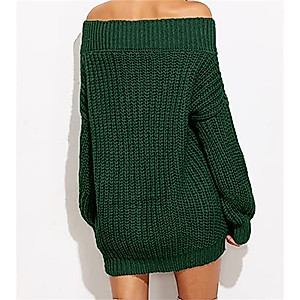 Women's Off Shoulder V Neck Knit Sweater Long Sleeve Waffle Knit Pullover Casual Loose Cable Jumper Tops (3X-Large,Green)