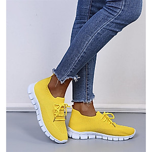 Lausiuoe Womens Shoes for Plantar Fasciitis Support Slip On Breathable Mesh Walking Shoes Women Fashion Sneakers Comfort Non Slip Running Tennis Gym Athletic Workout Shoes Yellow