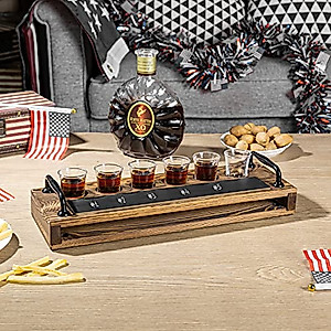 MyGift Tequila Shot Glasses Liquor Flight Tasting Set Includes Burnt Wood Serving Tray with Chalkboard Panel and Metal Handles and 6 Clear Shot Glasses